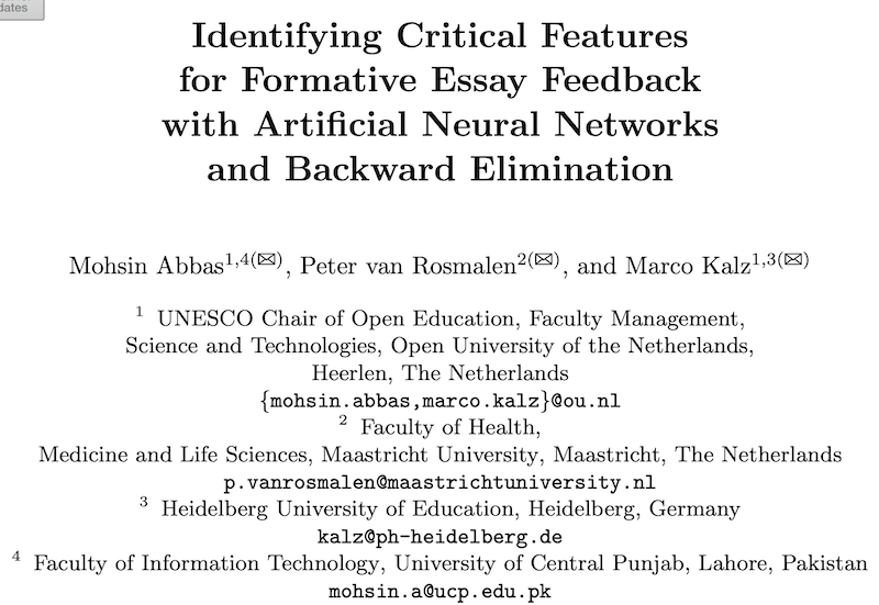 Identifying Critical Features for Formative Essay Feedback with Artificial Neural Networks and ...